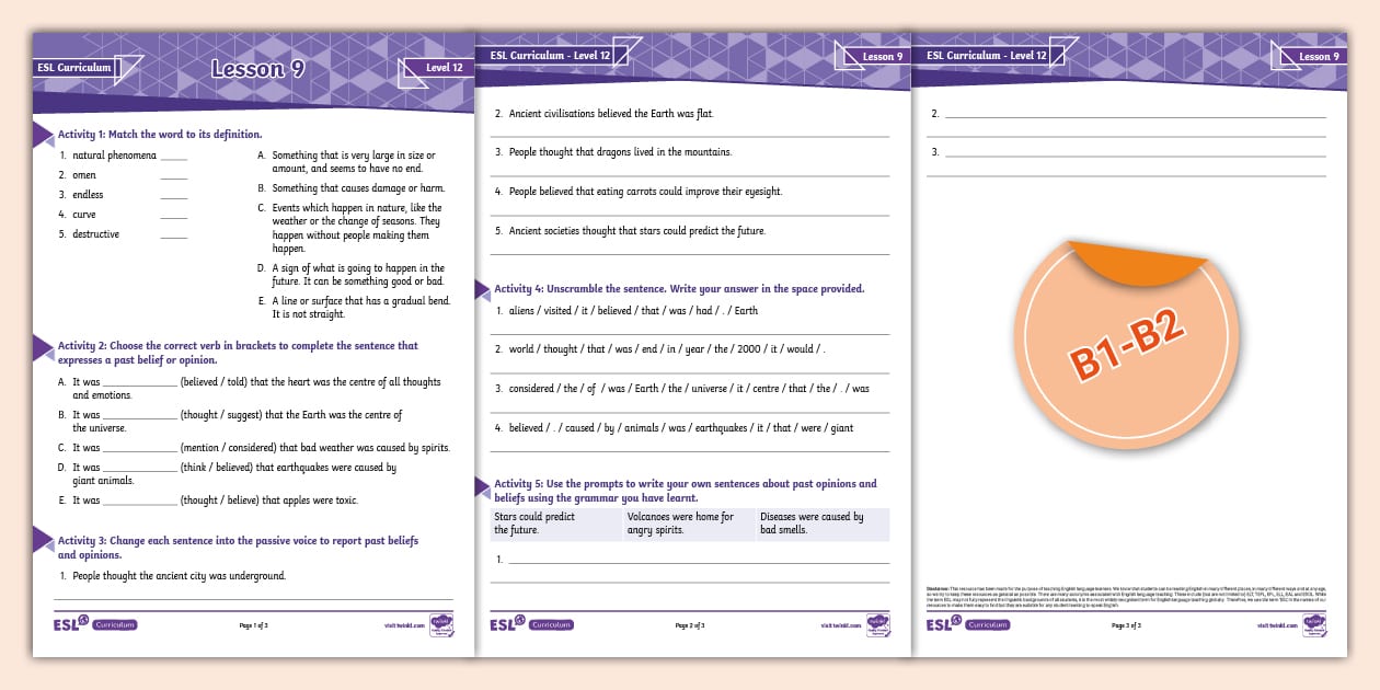 ESL Curriculum Level 12, Lesson 9 Activity Sheet - Twinkl
