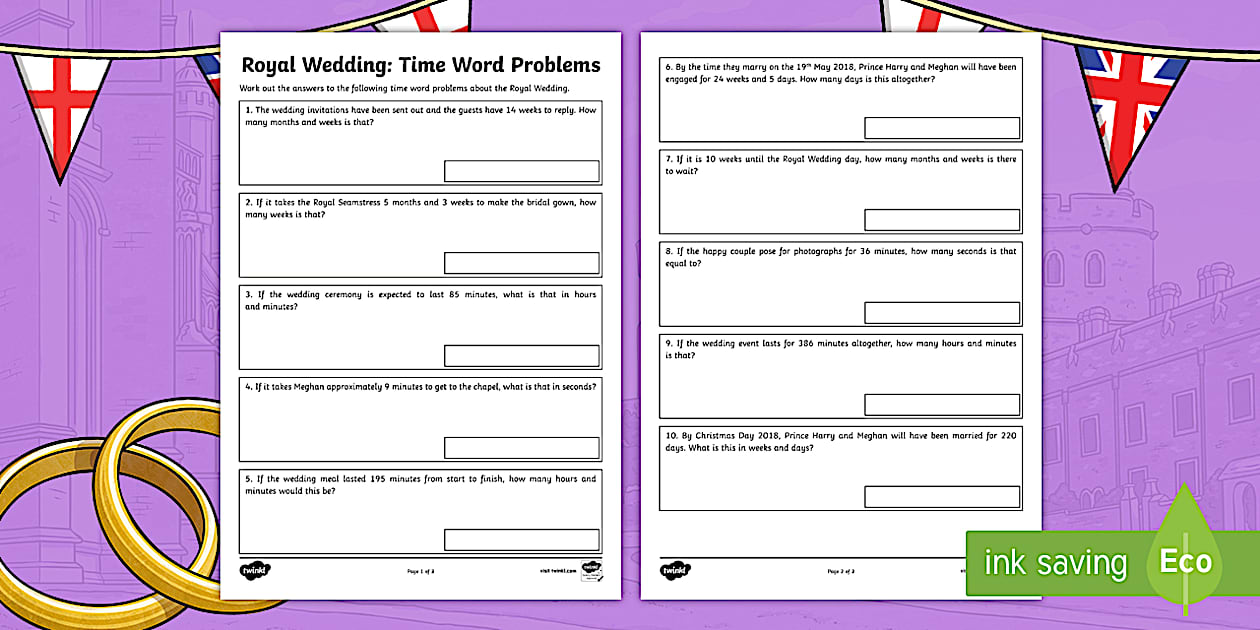 LKS2 Royal Wedding: Time Word Problems Worksheet - Twinkl