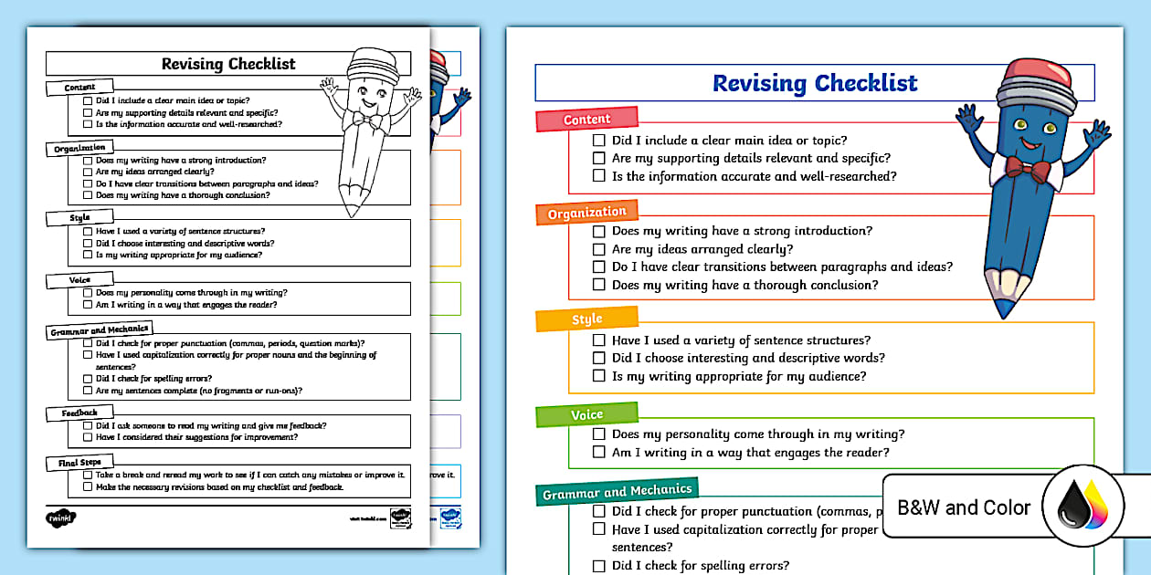 Revising Writing Checklist for 3rd-5th Grade (Teacher-Made)