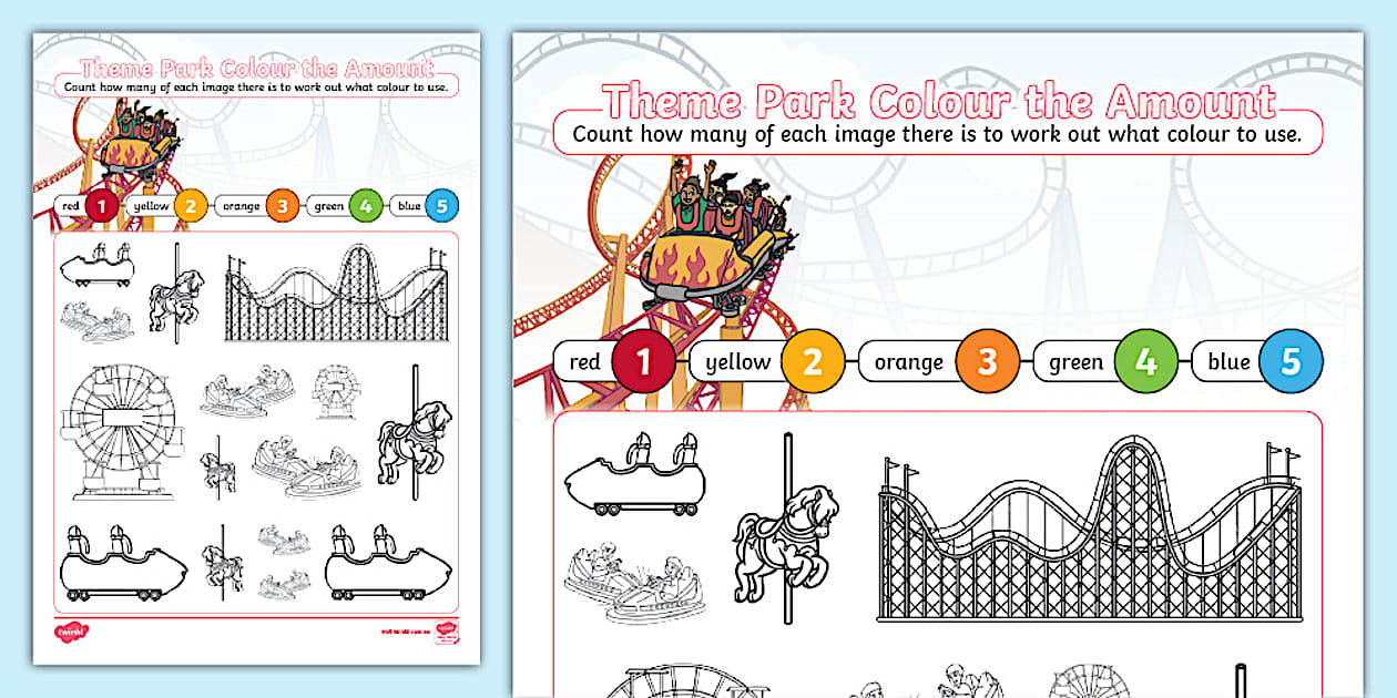Theme Park Colour the Amount Worksheet - Twinkl Mathematics