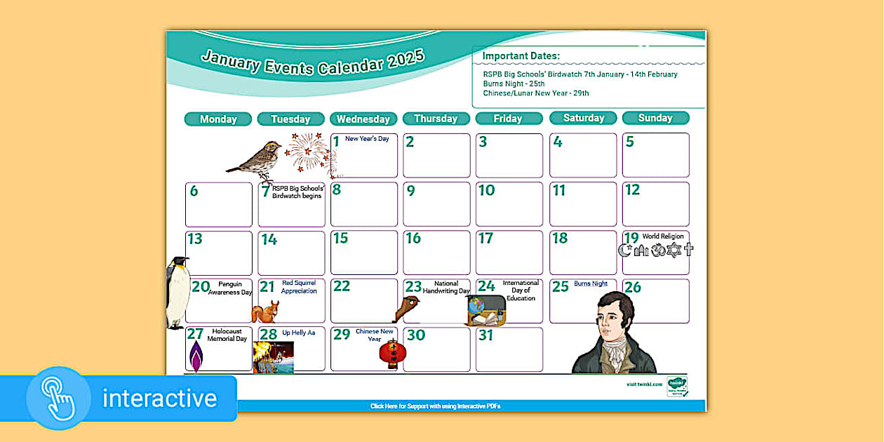 Interactive PDF: Free January Events Second Level Calendar