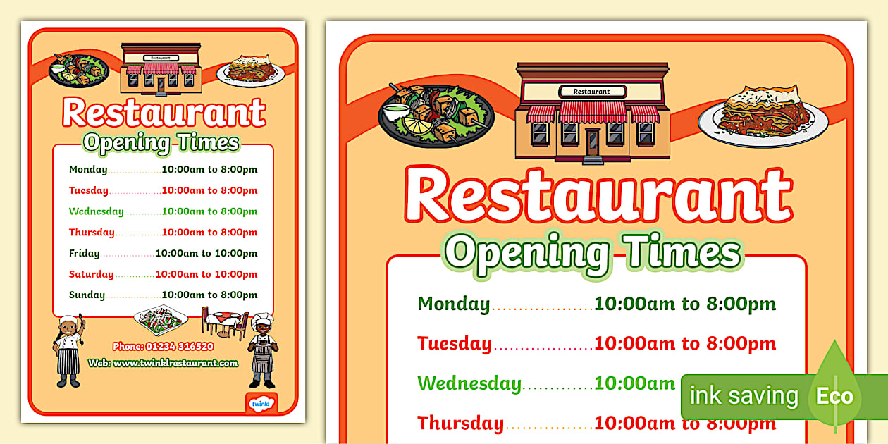 Restaurant Opening Times Display Sign, Restaurant, Role-Play