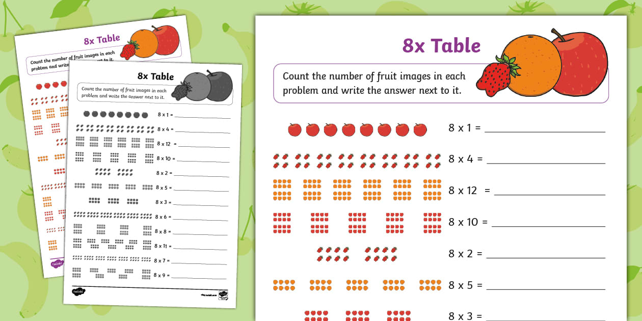 👉 Fruit Themed 8× Table Worksheet (teacher made)