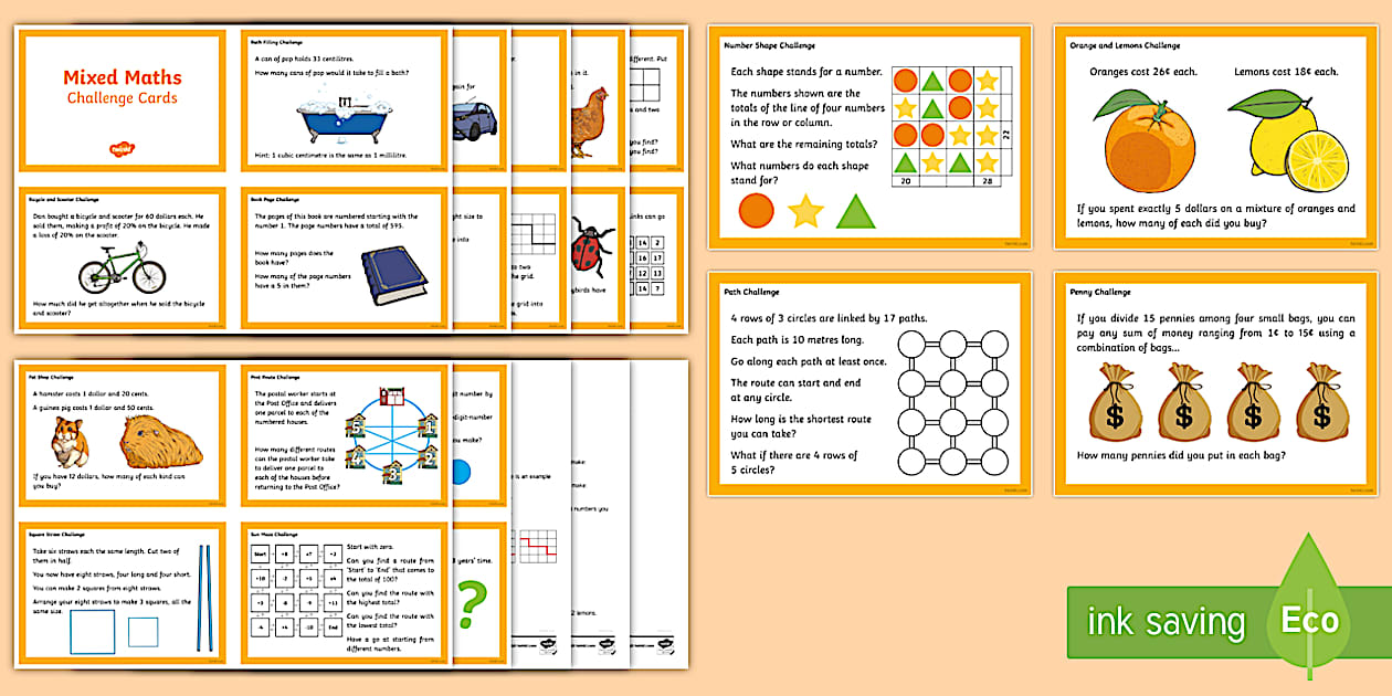 Black and White Junior Mixed Maths Challenge Cards - Twinkl