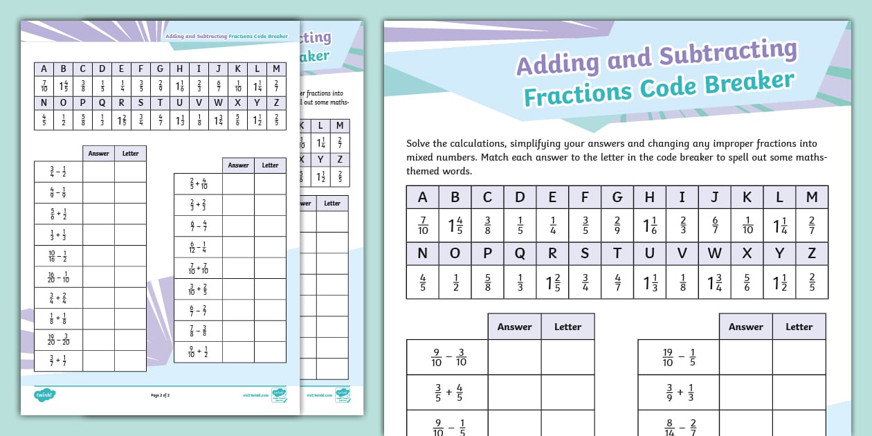👉 Adding and Subtracting Fractions Code Breaker | Twinkl Yr 5
