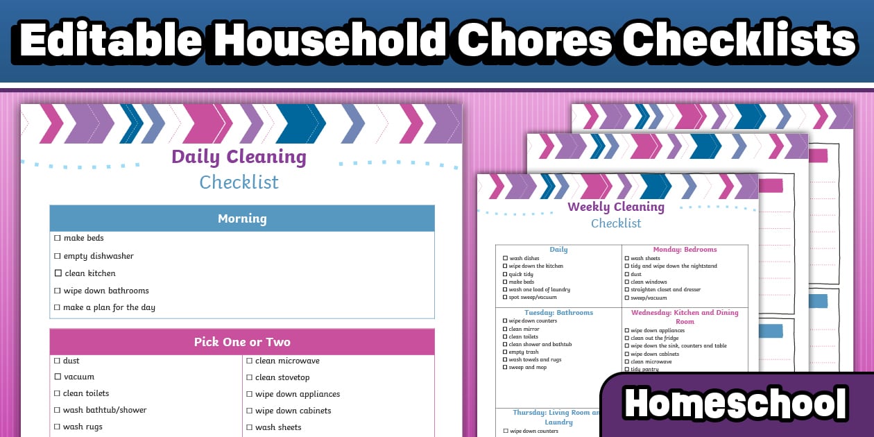 Editable Household Cleaning Chores Checklists for Homeschool