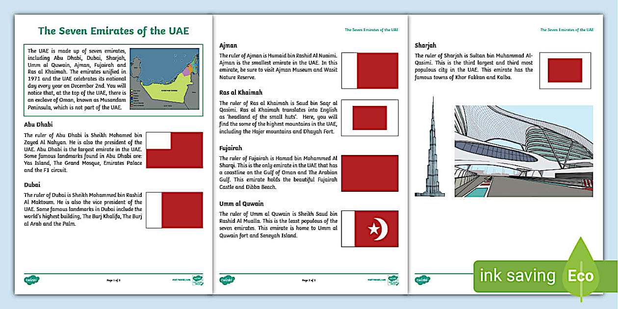 The Seven Emirates of the UAE Fact Sheet (teacher made)