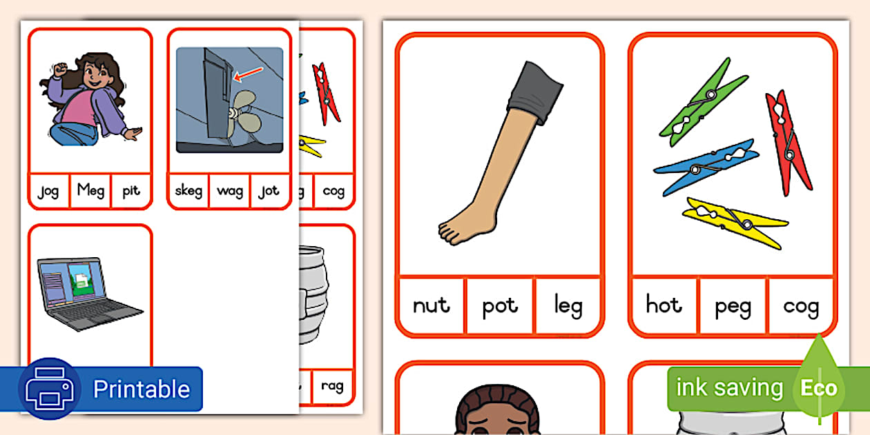 Grade 1 Phonics: -eg sound peg card activity