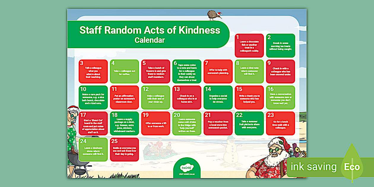 Random Acts of Kindness Calendar for Staff - Twinkl