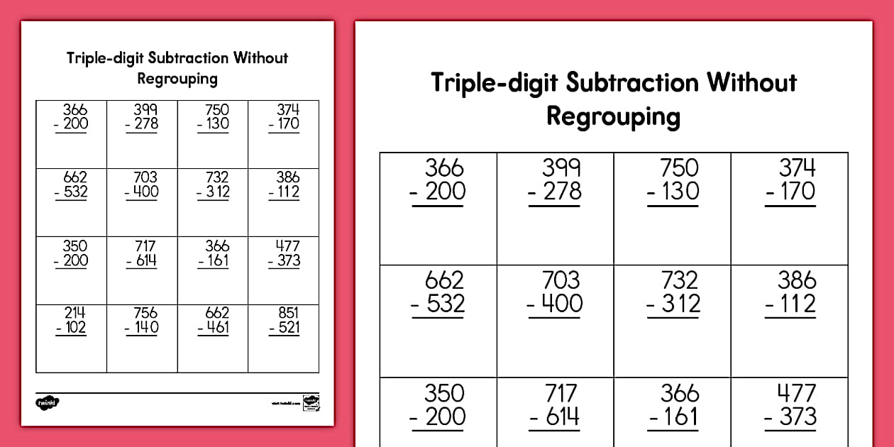 Second Grade Triple-digit Subtraction Without Regrouping Worksheet