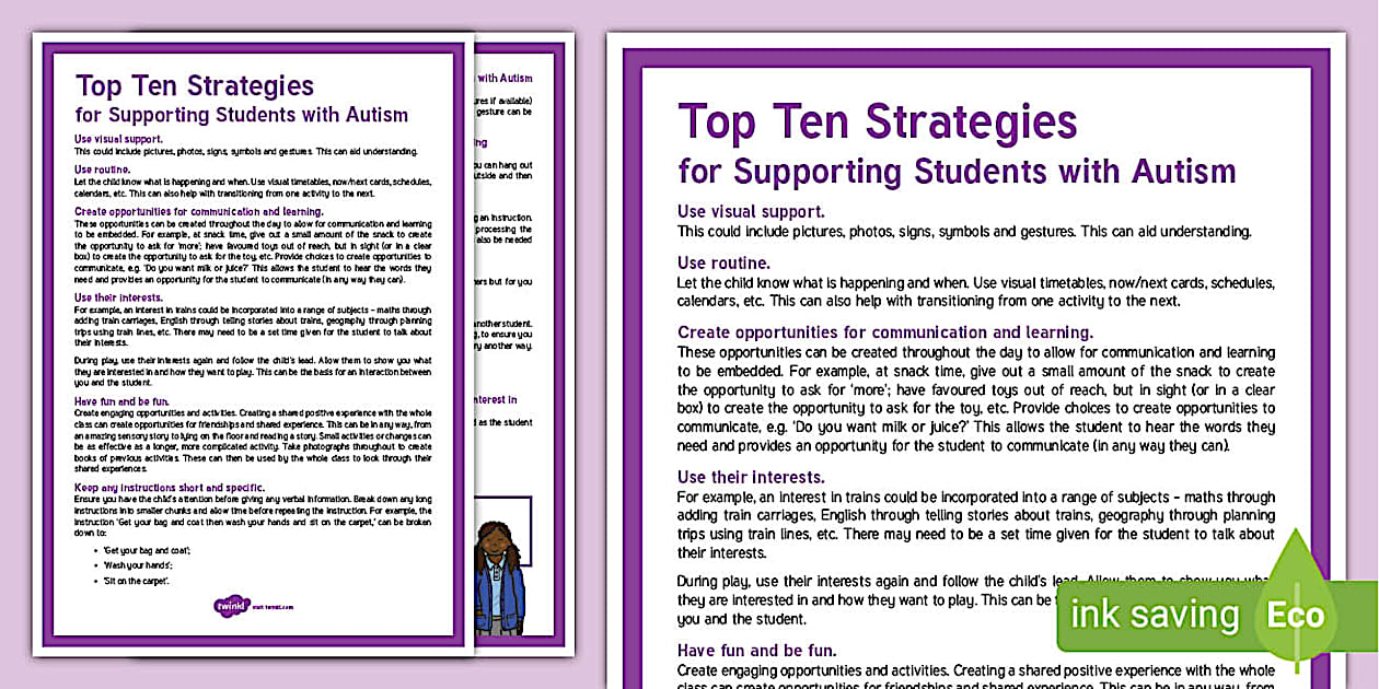 Editable Top Ten Strategies to Support Students with Autism Adult Guidance