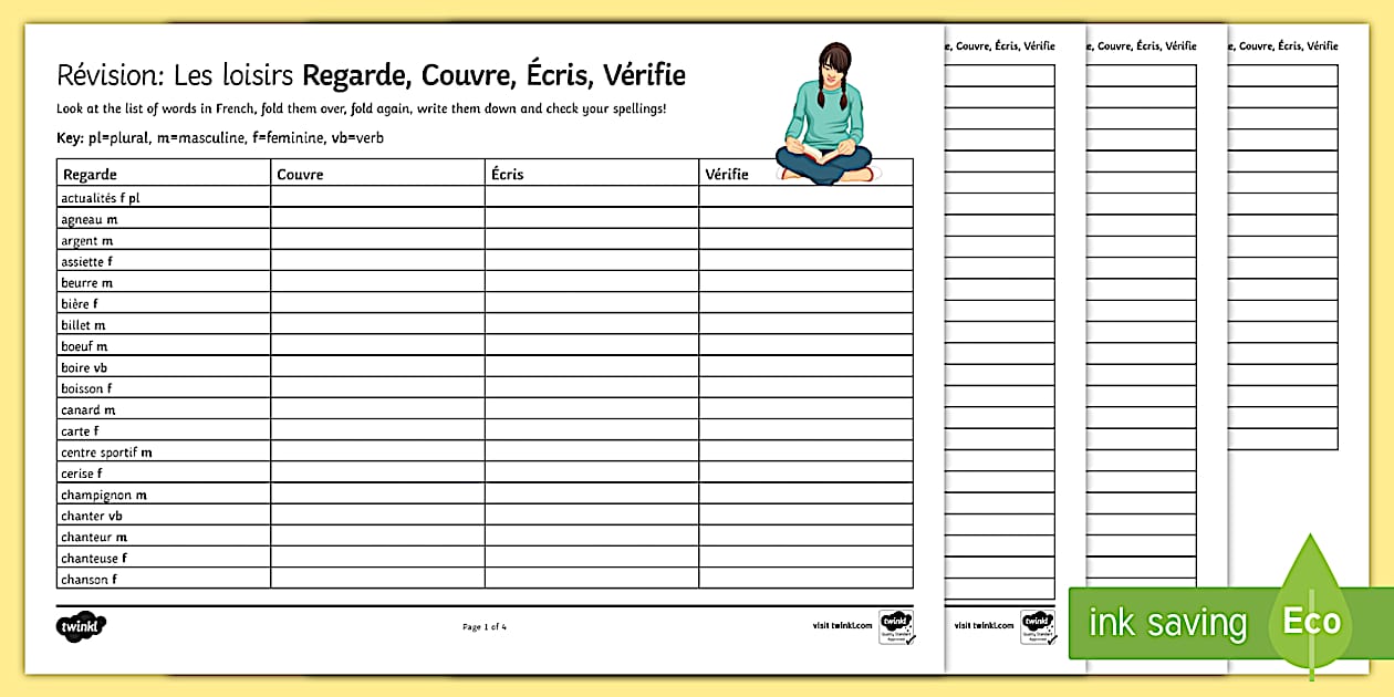 Black and White Free Time: Look Cover Write Check Worksheets French