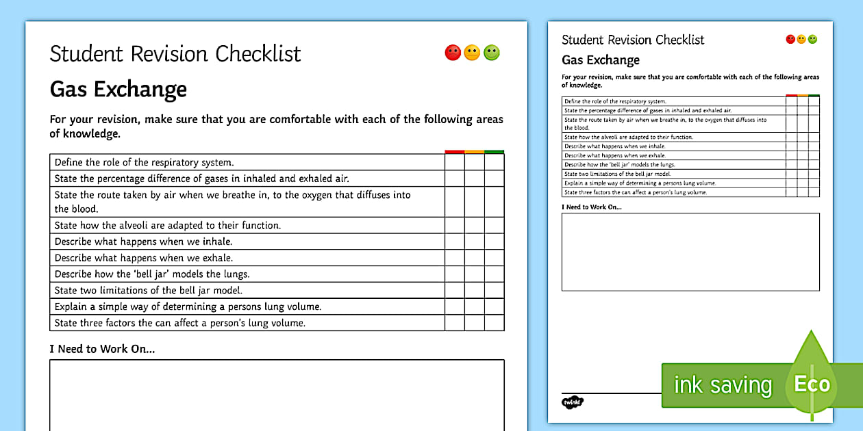 Gas exchange Student Revision Checklist (teacher made)