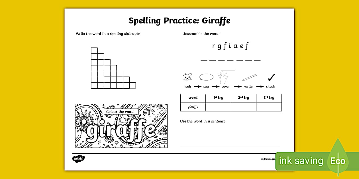 Giraffe Spelling Practice Worksheet