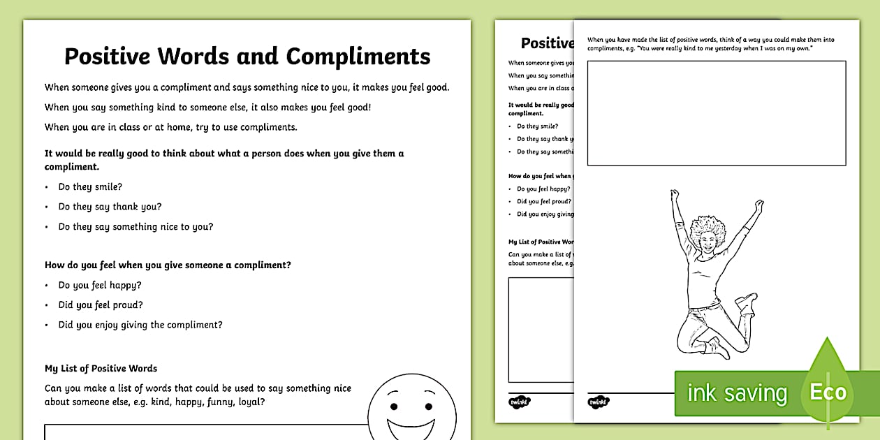 Positive Words and Compliments Worksheet (teacher made)
