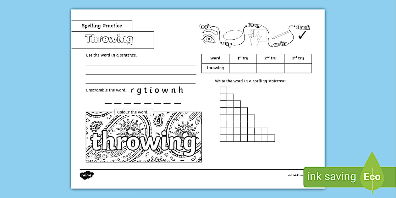 Throwing Spelling Practice Worksheet (Teacher-Made) - Twinkl
