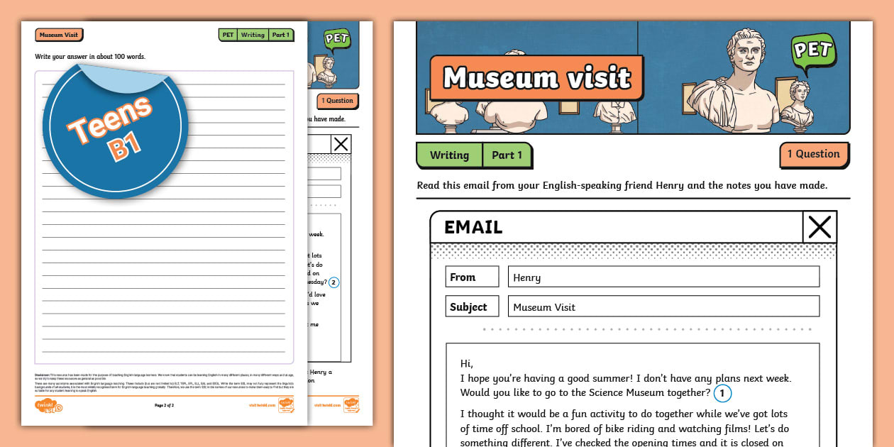ESL B1 PET Writing Practice - Part 1 (Museum Visit) - Twinkl