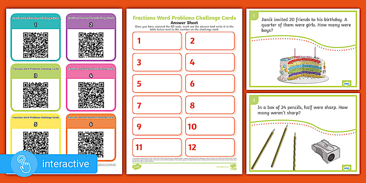 Fractions Word Problems QR Code Challenge Cards | Fractions