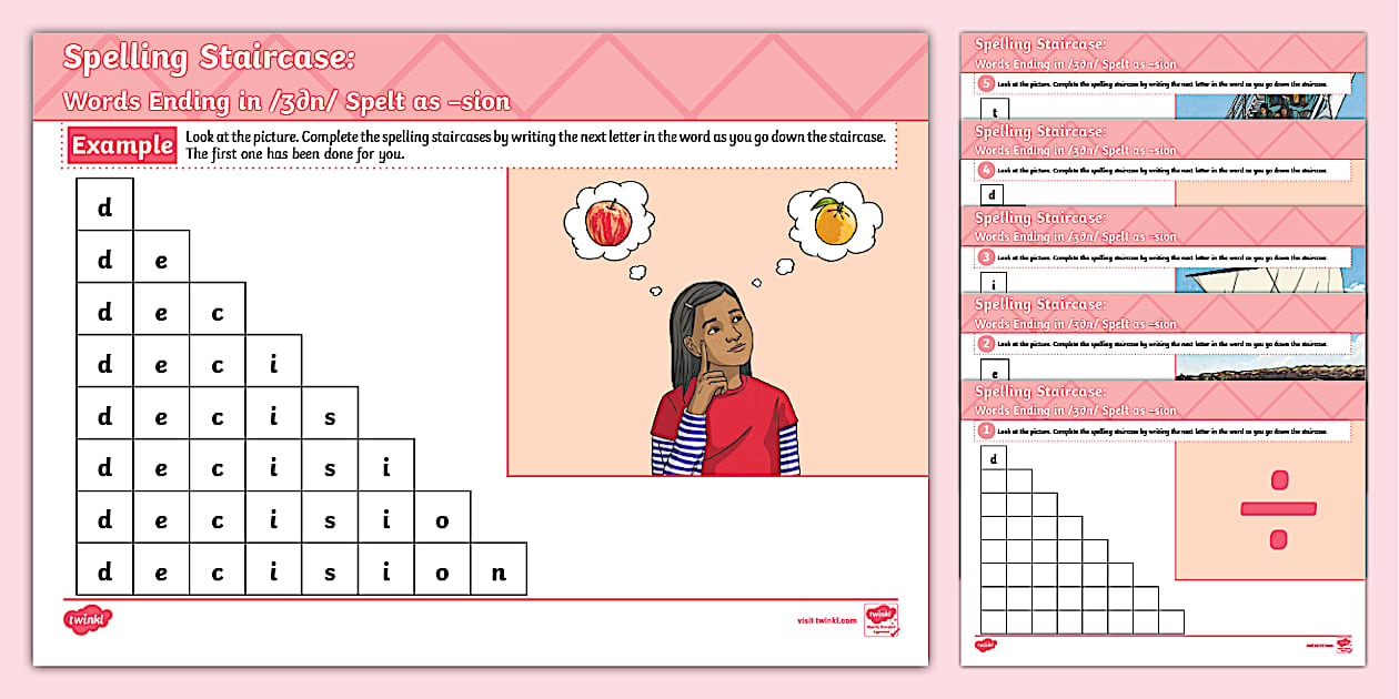 KS2 Spelling Staircase Activity Sheets Words Ending in -sion