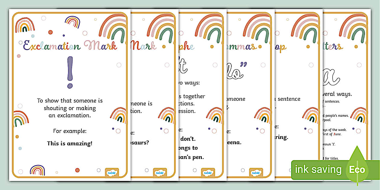 Muted Rainbow Themed Punctuation Display Posters - - Twinkl