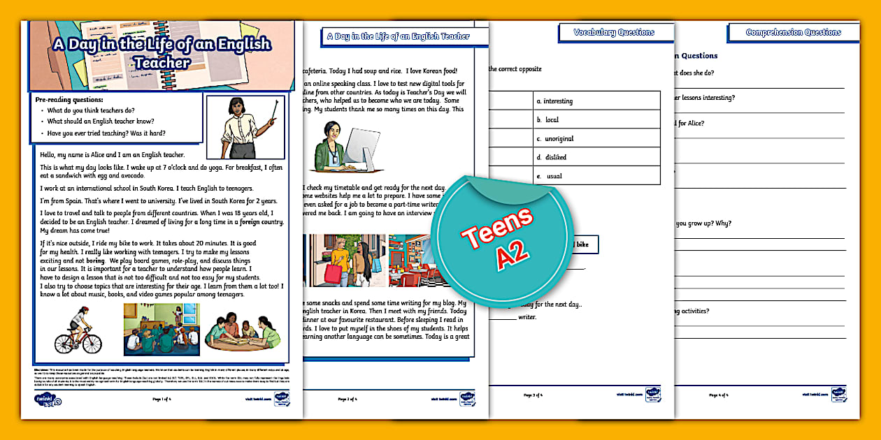 Twinkl ESL A Day in the Life of an English Teacher Reading Comprehension