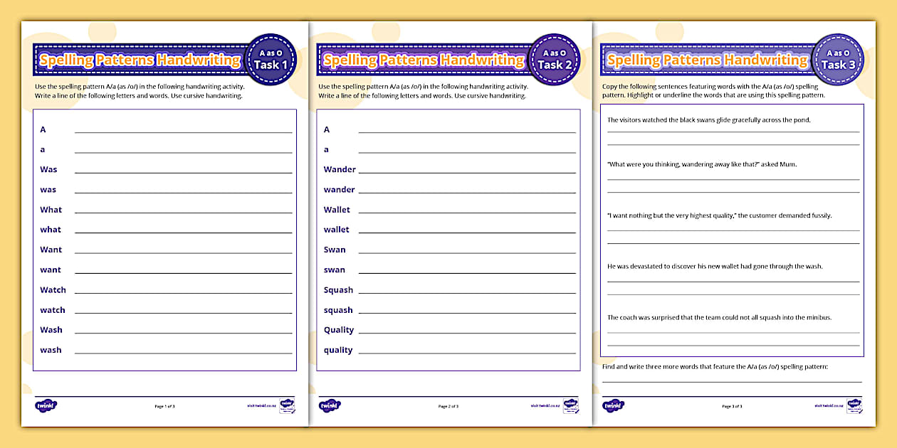 Year 7-8 A/a (as /o/) Spelling Patterns Handwriting Activity