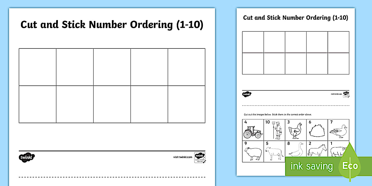 Black and White Farm Themed Cut and Stick Number Ordering Sheets 1-10