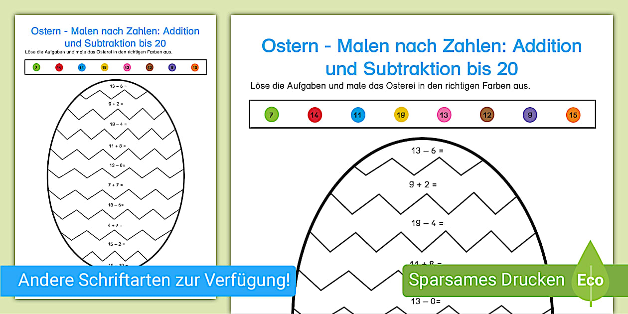 Ostern | Malen nach Zahlen | Ausmalbild zur Addition und Subtraktion bis 20