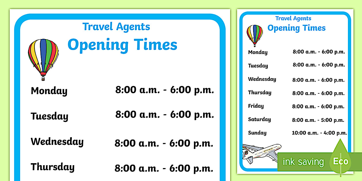 Home Living Travel Agent Role-Play Opening Times - Twinkl