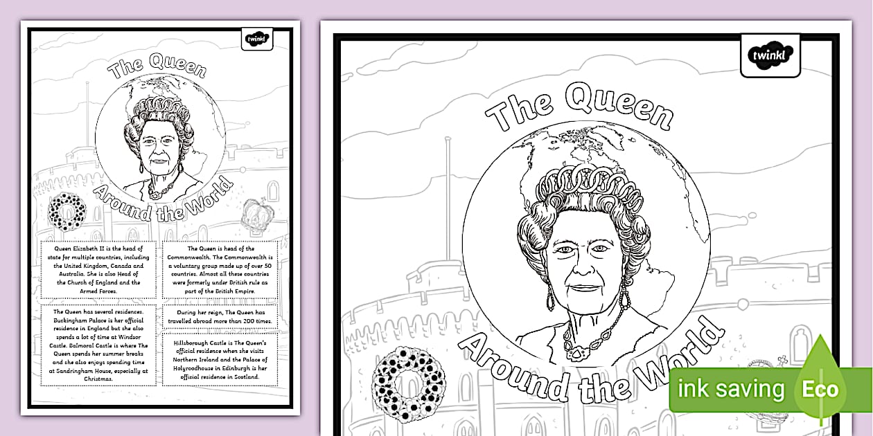 Queen Elizabeth II Around the World Colouring Poster