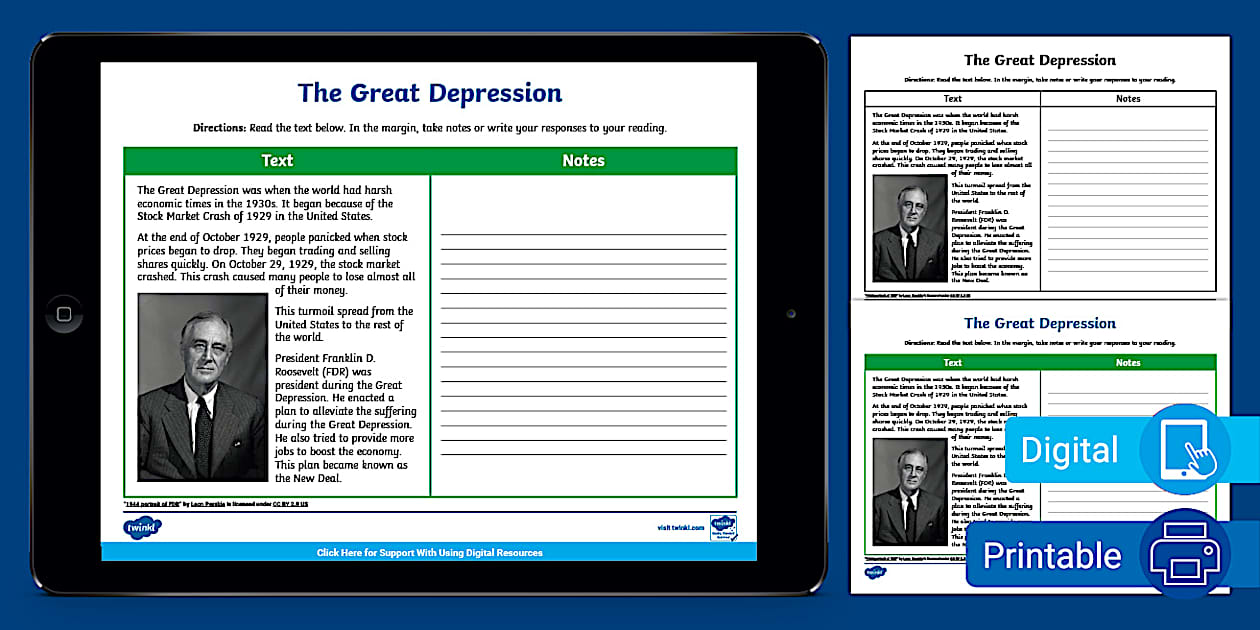 Fourth Grade Great Depression Reading and Note-Taking
