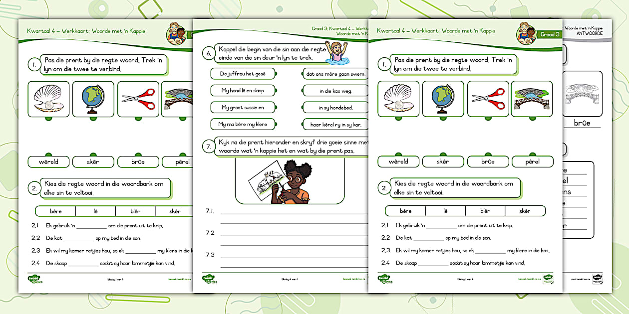 Graad 3 Klanke Kwartaal 4 – Werkkaart: Woorde met ’n Kappie