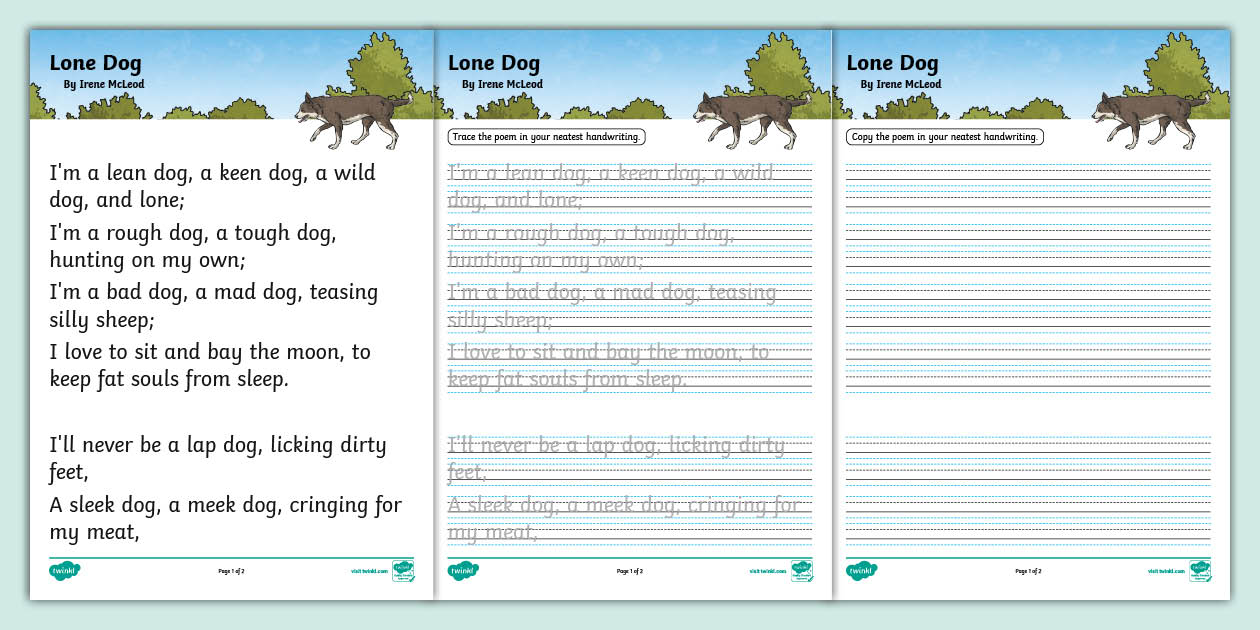 Lone Dog by Irene McLeod Handwriting Activity - Twinkl