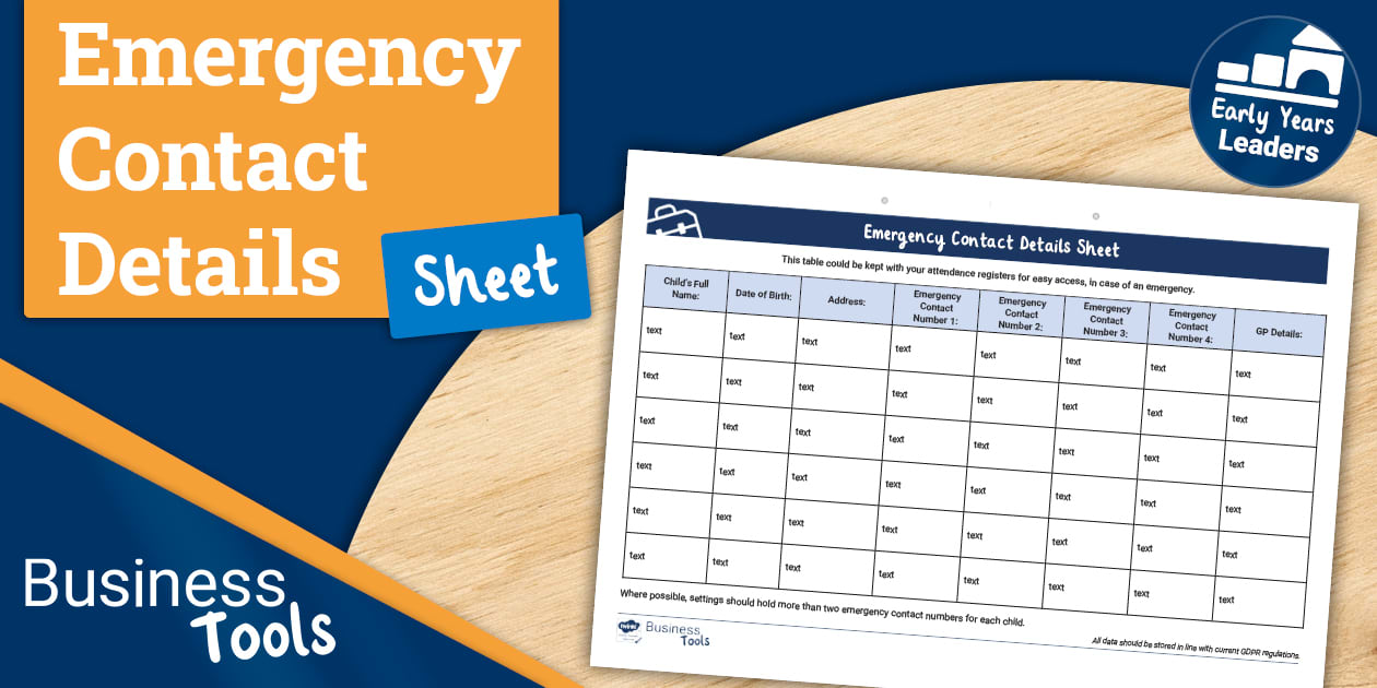 Emergency Contact Details Sheet | Early Years Settings