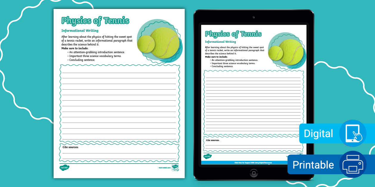 Physics of Tennis Writing Worksheet for 6th-8th Grade