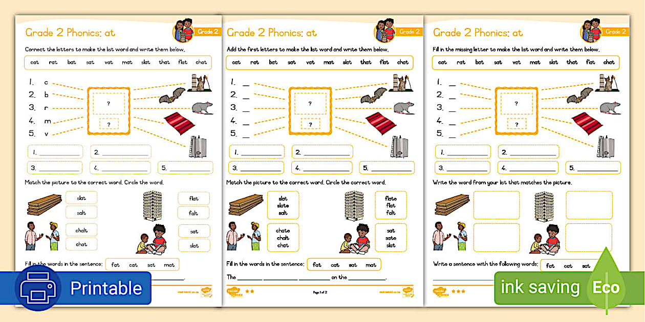 Grade 2 Phonics: at: Differentiated Worksheets - Revision