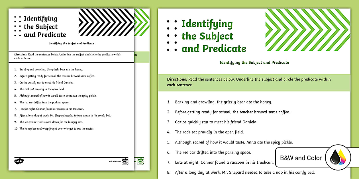 Third Grade Identifying Subject and Predicate Worksheet