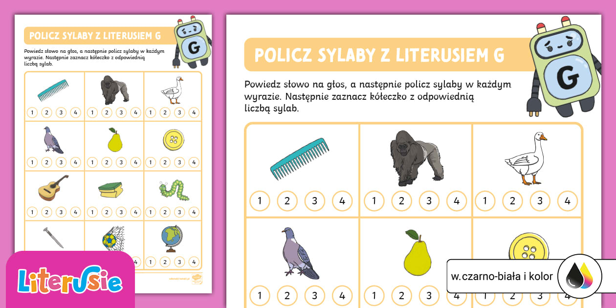Literuś G | Policz sylaby w wyrazach na G | Karta pracy