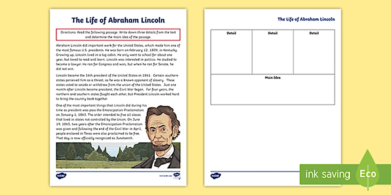 Abraham Lincoln Main Idea Worksheet for 3rd-5th Grade