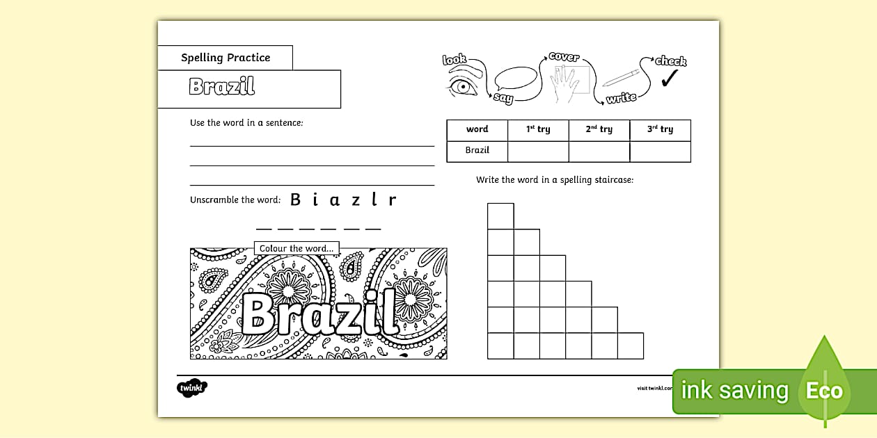 Brazil Spelling Practice Worksheet (Teacher-Made) - Twinkl