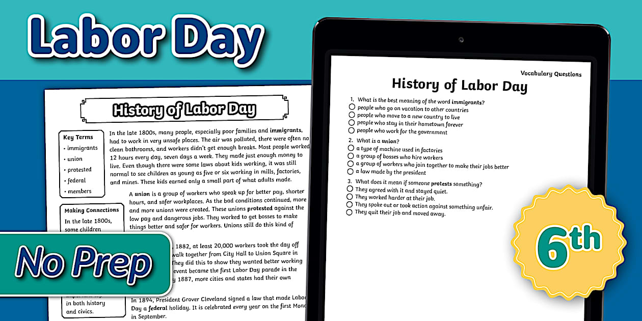 Sixth Grade History of Labor Day Fact File & Vocab Questions