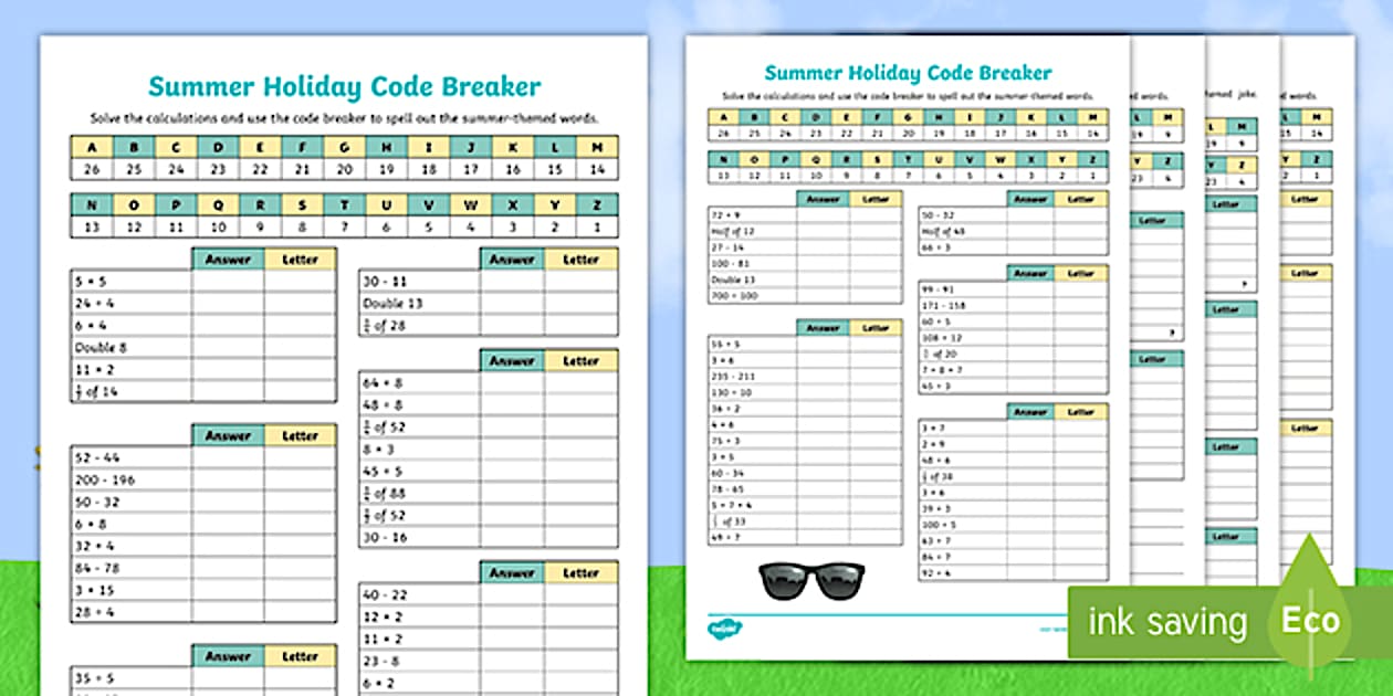 Editable KS2 Summer-Themed Summer Holiday Calculations Code Breaker ...
