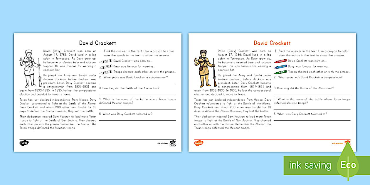 David Crockett Biography: Text Evidence Worksheet - Twinkl