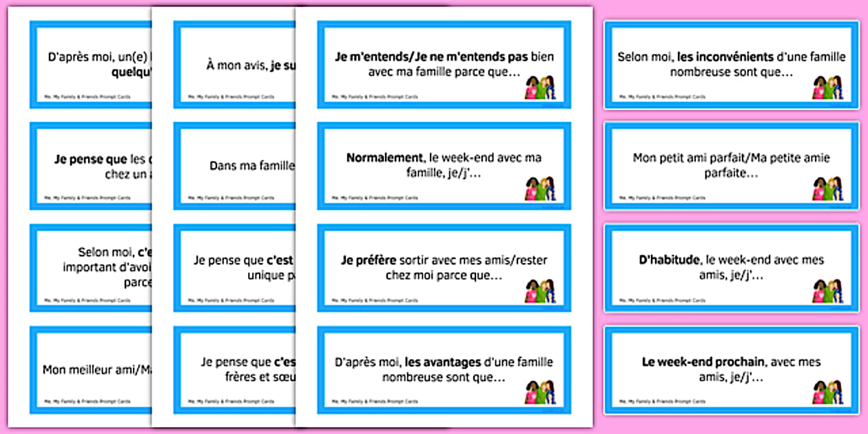 Black and White Me, My Family and Friends Prompt Cards French