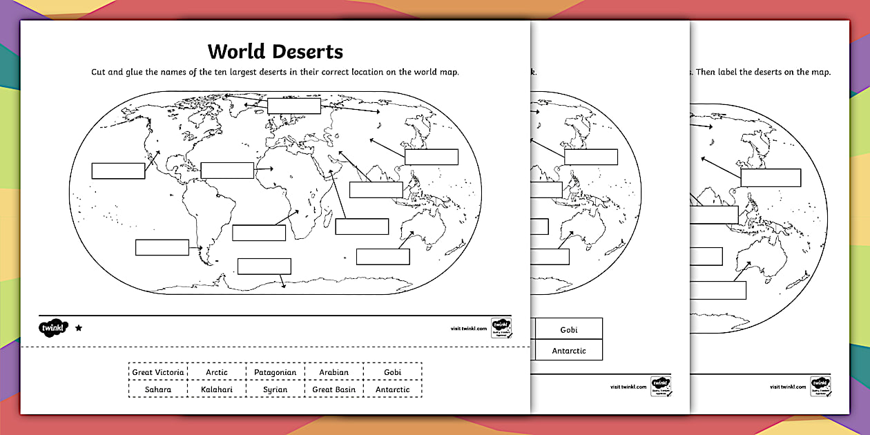 World Deserts Map Labeling Differentiated Worksheet - Twinkl