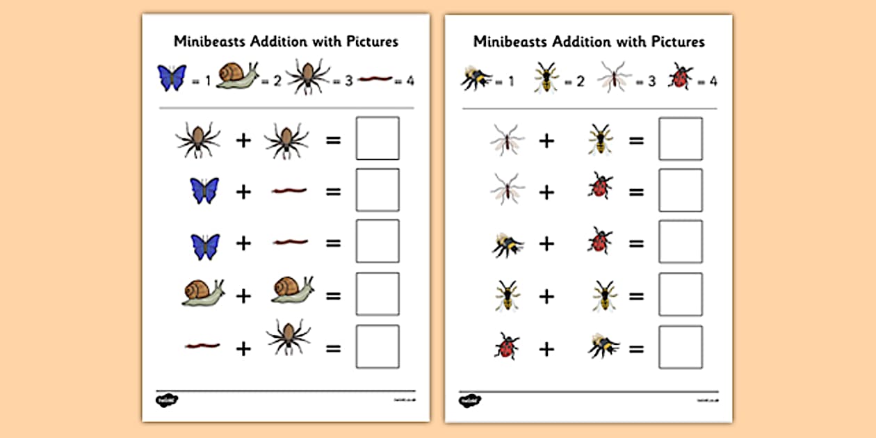 Minibeasts Themed Addition with Pictures Worksheet / Worksheet Pack