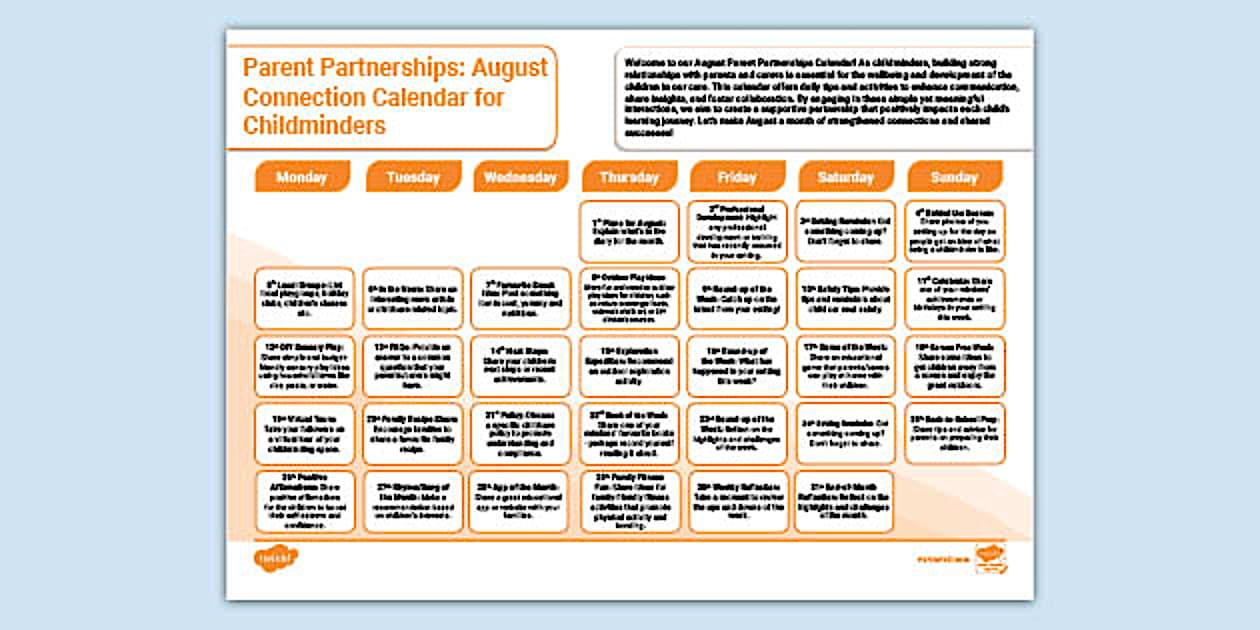 Parent Partnerships: August Connection Calendar for Childminders