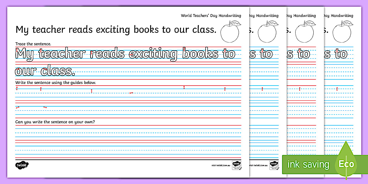 VIC World Teachers' Day Year 2 Handwriting Practice Worksheets