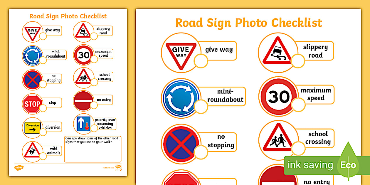 Road Sign Photo Checklist | Twinkl (teacher made) - Twinkl