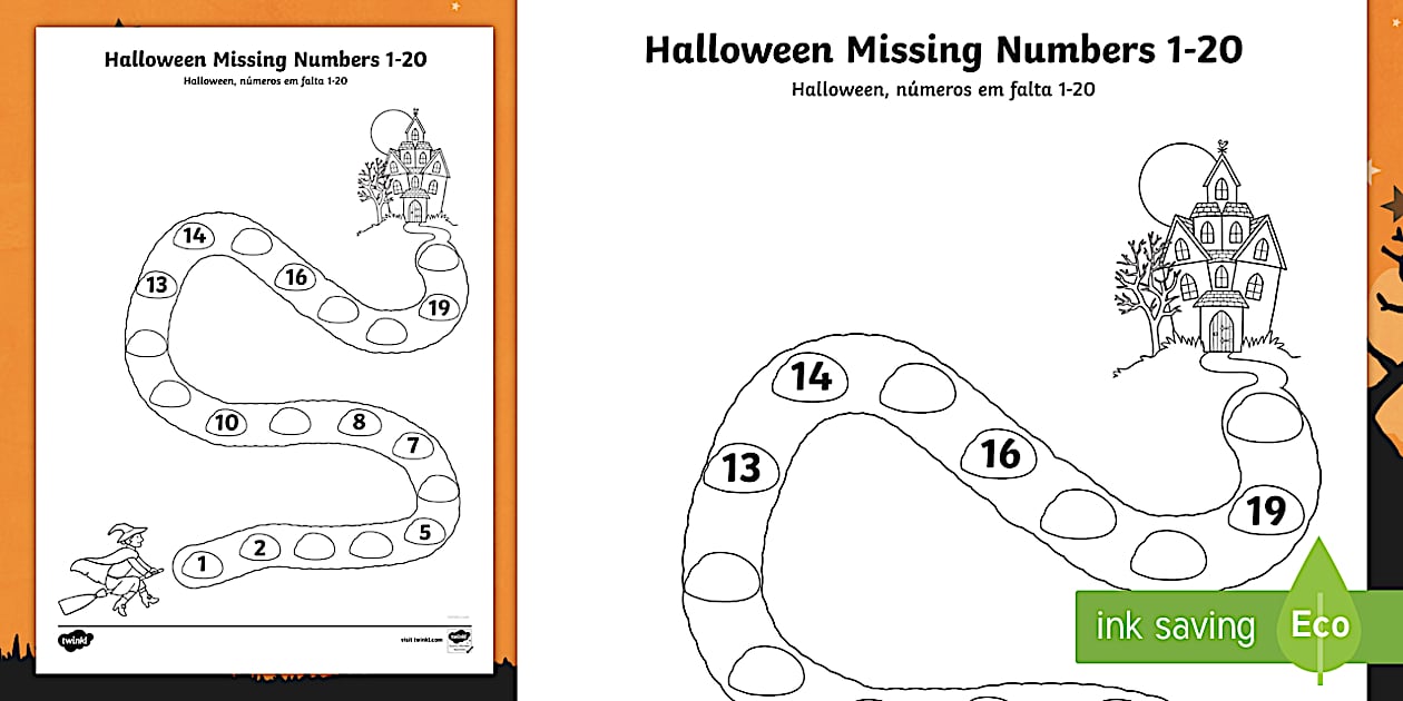 Halloween Missing Numbers to 20 English/Portuguese Worksheet